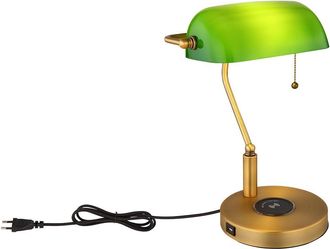 Globo Lighting Schreibtischleuchte Bankerlampe Tischlampe altmessing Glas gr&uuml;n Leseleuchte, kabelloses Laden USB Anschluss, Zugschalter, 1x E27, LxH 26x36 cm