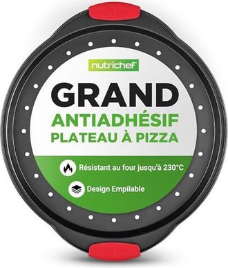 Nutrichef NutriChef Plaque &agrave; Pizza Antiadh&eacute;sive - avec Poign&eacute;e en Silicone, Pan Rond en Acier Non-adh&eacute;sif avec Trous Perfor&eacute;s, Ustensiles de Cuisine de Qualit&eacute;,
