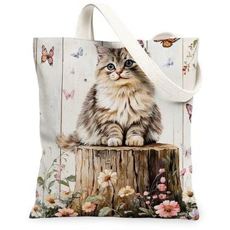 Generic Sac fourre-tout en toile motif chats sib&eacute;riens printaniers 33 x 38,1 cm, sac d&eacute;picerie r&eacute;utilisable pour femme, animal de compagnie, peinture, d&eacute;corat