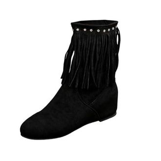 Generic Bottes de veau larges pour femme &agrave; franges d&eacute;contract&eacute;es &eacute;l&eacute;gantes de couleur unie talon plat confortables &agrave; enfiler avec augmentation interne, Noir, 