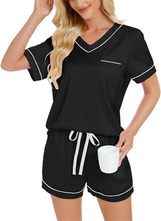 Generic Pyjama 2 pi&egrave;ces en soie pour femme, col en V, v&ecirc;tements dint&eacute;rieur doux et soyeux, &agrave; manches courtes, en satin avec haut et short, Noir, XXL
