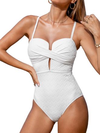 Cupshe Damen Badeanzug Tiefer Ausschnitt Crossover Wickeloptik Geformte Cups Textur Einteilige Bademode Swimsuit Weiß XL