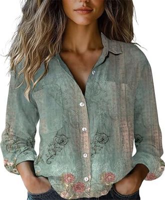 Generico Chemise Femme D&eacute;contract&eacute;e &agrave; Manches Longues T Shirt en Lin Coton &Eacute;l&eacute;gant Respirant Blouse Col en V L&eacute;ger Chemises Vintage Imprim&eacute; avec Boutons Doux C