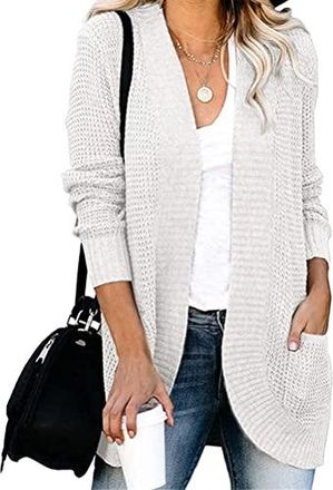 TOMWELL Gilet Femme Long Cardigan avec Poches Couleur Unie Pull Tricot Veste Outwear Manches Longues Manteau Hiver Chaud Tricoté Sweaters A Blanc XXL