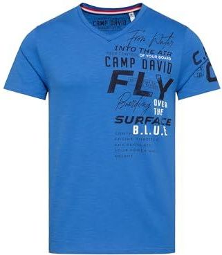 Camp David T-shirt pour homme avec col en V et étiquettes imprimées, Pacific Blue., M