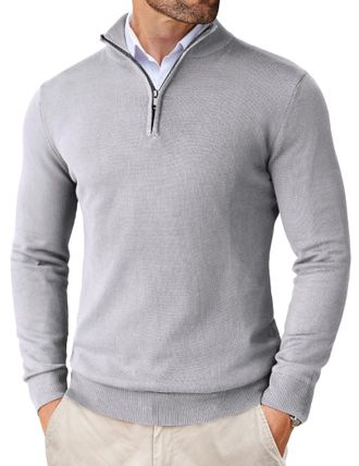 Coofandy Herren Rollkragenpullover 1/4 Zip Neck Stehkragen Pullover Rollkragen Strickpullover Slim Fit Winterpullover Troyer Pulli Business Pullover Hellgrau M
