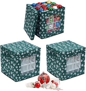 Relaxdays Weihnachtskugel Aufbewahrungsbox, 3er Set, HxBxT: 33 x 33 x 33 cm, Vlies, Pappe, Weihnachtskugelkiste, gr&uuml;n