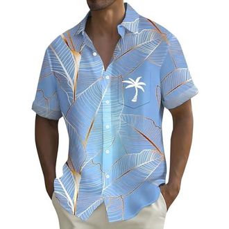 Generic Chemise hawa&iuml;enne en lin pour homme &agrave; manches courtes - Polo boutonn&eacute; - Motif floral - Coupe droite - Respirant - Classique, C-Sky Blue, 3XL