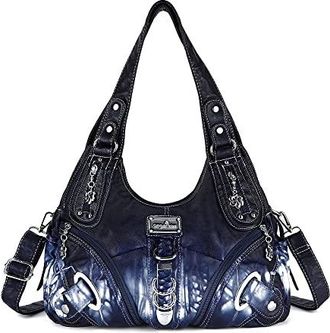 Angel Kiss Angelkiss Women Multiple Pockets Purses and Handbags Washed Leather, Two Top Zippers Closure, Deep Blue