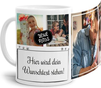 Tassendruck Foto-Tasse selbst gestalten mit Text & Collage für 3 Fotos - Geschenk für Familie, Freunde, Geburtstag, Weihnachten - Keramik Weiß, 300 ml I Personali
