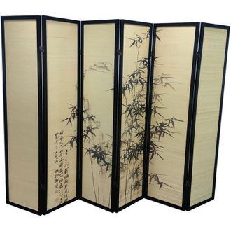 PEGANE Paravent bois noir et bambou avec motifs vegetaux 6 pans, H 175 x L 240 cm -PEGANE