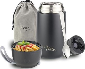 Milu Boîtes Alimentaires Isothermes 450ml I 650ml I 800ml, Boîte Isotherme Repas Chaud Porte-Aliments en Acier Inoxydable à Double Couche, Cuillère Pliante