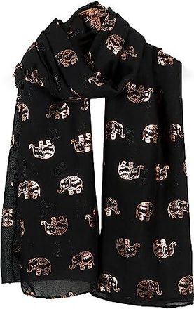 World of Shawls Magnifique &eacute;charpe pour femme avec imprim&eacute; &eacute;l&eacute;phant tha&iuml;landais or rose m&eacute;tallis&eacute;, Noir, 90 x 180 Cms