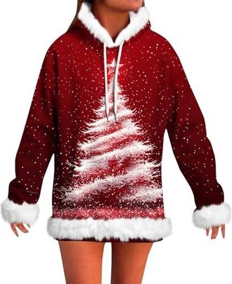 Generic Pull de Noël pour femme - Sweat à capuche de Noël moelleux et moche - Imprimé arbre de Noël amusant - Pull décontracté surdimensionné avec poches, Swe