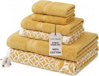 Modern Threads Trefoil Filigran 6er-Handtuch-Set, 100 % Baumwolle, Wendedesign mit garngef&auml;rbtem Jacquard, 2 Bade-, 2 Handt&uuml;cher, 2 Waschlappen, saugf&auml;hig, schnelltr