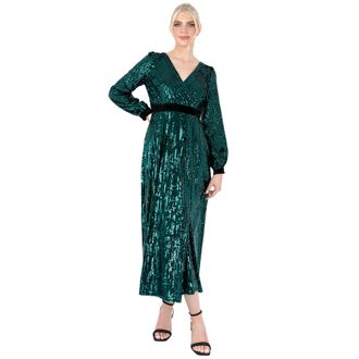 Lovedrobe Womens Midaxi Dress Ladies Sequin Embellished Long Sleeve V-Neck Faux Wrap Velvet Bow Split for Party Evening Occasion, Green, 46