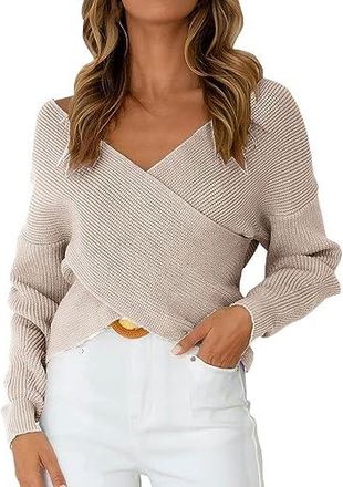 Generic Pull &agrave; coupe ajust&eacute;e pour femme - Col en V - Manches longues - &Eacute;paules d&eacute;nud&eacute;es - Asym&eacute;trique - Tricot court uni - Pour lautomne, a, Taille unique