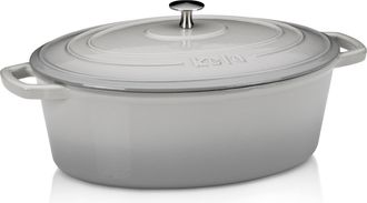 KELA Bräter Gusseisen oval 6 Liter, Dutch Oven CALIDO, Induktion Gussbräter mit Deckel, Gusseisen Topf Brot backen, emailliert, hellgrau