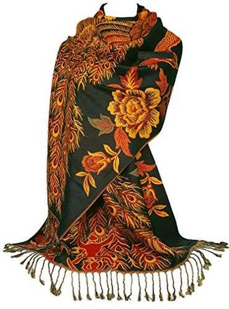 GFM Ceci est un châle de style pashmina au magnifique motif paon et floral DK1909-kl-Noir