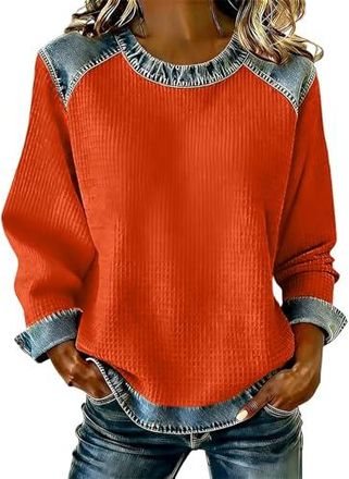 Generic Sweat-shirt &agrave; manches longues et col en jean pour femme - Haut d&eacute;contract&eacute; l&eacute;ger &agrave; manches longues - Pull tunique, Orange, 3XL