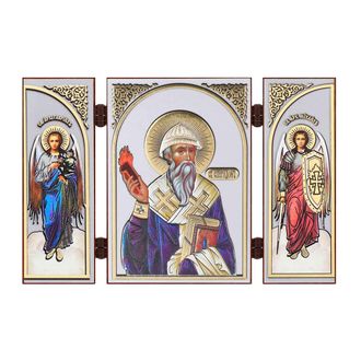 NKlaus Heiliger Spyridon Wundertäter - Ikone Triptychon Christlich - Holz Reise Altar 16861