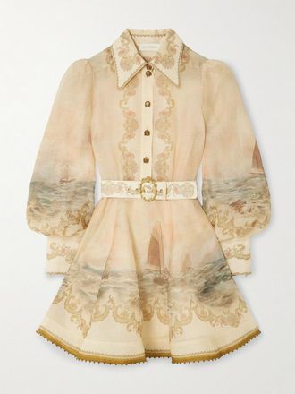 Zimmermann Mini-robe En Lin Et Soie M&eacute;lang&eacute;s Imprim&eacute;s &Agrave; Perles Et &Agrave; Ceinture Rebellion - Neutres