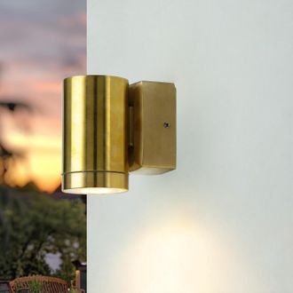 Licht-Erlebnisse Au&szlig;en Wandleuchte aus Echt-Messing hell IP64 Hauswand Strahler Down GU10 Spot Haus Terrasse Balkon Fassade Wandlampe Au&szlig;enleuchte Wandstrahler