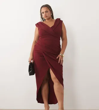 Tfnc Plus Robe longue portefeuille &agrave; encolure bardot - Bordeaux-Marron