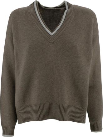 Brunello Cucinelli Femme, Pulls, Brun, Taille: 38 FR Pull &agrave; col en V c&ocirc;tel&eacute;