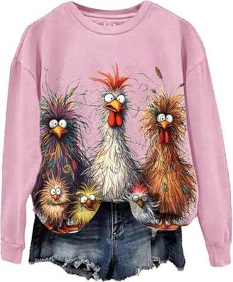 Generic Pull à col en V pour femme - Imprimé poule - Pour le yoga, rose, M