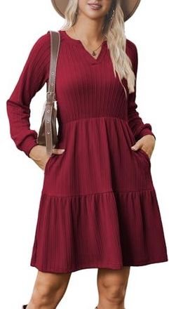 Zeagoo Robe &agrave; manches longues pour femme - Col en V - Robe dhiver d&eacute;contract&eacute;e - Robe midi en tricot &eacute;l&eacute;gante - Robe patineuse avec poches, rouge, L