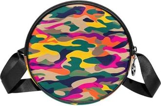 Generic Petit sac &agrave; bandouli&egrave;re rond pour femme, motif camouflage color&eacute;, avec fermeture &eacute;clair, bretelles r&eacute;glables, sac &agrave; main rond d&eacute;contract&eacute; pour femmes 