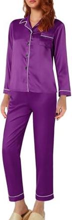 Generic Pyjama en satin &agrave; manches longues pour femme, ensemble de pyjama en soie pour femme, v&ecirc;tements de nuit boutonn&eacute;s &agrave; manches longues avec bas &agrave; jambe dr