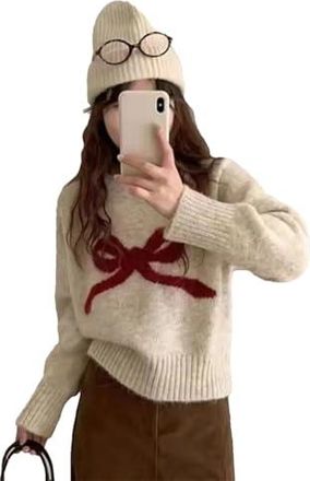 Generic Pull rond pour femme avec noeud - Printemps et automne - Haut tricoté, Fwhite, Taille unique