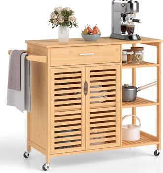 Generic Küchenwagen, Rollwagen aus Bambus, Küchenwagen mit 2 Türen, Schublade, offenen Lattenregalen, Servierwagen für Zuhause, Bar, Esszimmer, Wohnzimmer