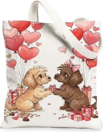Generic Sacs fourre-tout en toile pour chiens mignons, adorable motif animal amour, sacs d&eacute;picerie r&eacute;utilisables, pour la Saint-Valentin, l&eacute;gers et lavables, 
