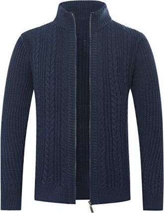AlltheMen Cardigan Homme Hiver Chaud Veste en Maille Zippé Décontracté Gilet Pull Tricoté Automne Manteau Couleur Unie avec Col Montant Bleu Marine XXL