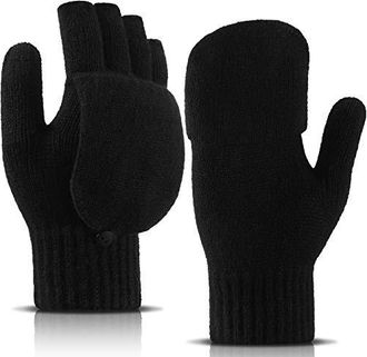 Satinior Gants Convertibles Femmes Mitaines sans Doigts Mitaines Tricotées Gants Demi-Doigt avec Couvercle Rabattable pour Femmes Hommes Temps Froid, Noir,18 x