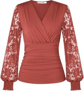 Grace Karin Femme &Eacute;l&eacute;gant Haut Dentelle Col V Crois&eacute; Sexy Blouse Portefeuille Pliss&eacute; Ajust&eacute; Festif