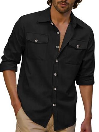 Generic Chemise de plage boutonn&eacute;e &agrave; manches longues en lin avec poches pour homme, Noir, XXL