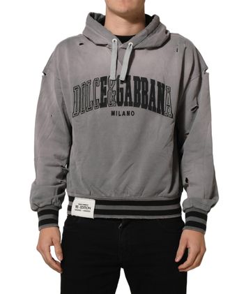 Dolce & Gabbana Gray Graphic Hooded Sweatshirt Men Sweater Cotton Clothing