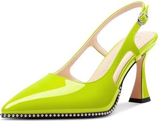 Castamere Femmes Slingback Bloc Chunky Haut High Talon Heel Ferm&eacute; Pointu Bout Escarpins Dress Mariage Party Chaussures 9 CM Heels Vert Jaune 43 EU