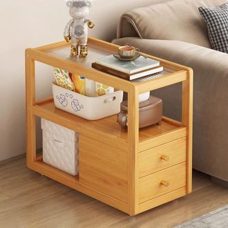 Generic &Uuml;Berbetttisch, Schmaler Beistelltisch Mit Schublade Und Drehbaren R&auml;Dern, Tischplatte Aus Geh&auml;Rtetem Glass for B&uuml;Cher, Wasserbecher, Aufbewahrungsboxe