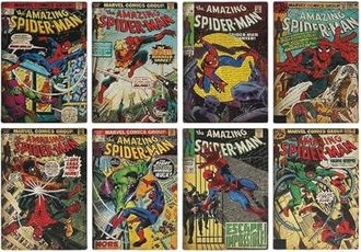 Spider-Man Spiderman Offiziell lizenziertes Comicbuch-Untersetzer-Set, 8 St&uuml;ck, Gamer- und Comic-Serie, Fan-Dekor und Geschenk, nostalgisches Marvel Superhelden-