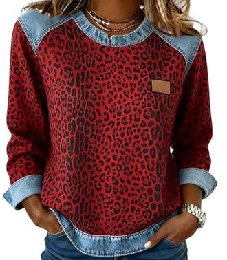 Generic Sweats en denim patchwork pour femme, col en denim, patchwork cousu, pull de No&euml;l d&eacute;contract&eacute;, Imprim&eacute; l&eacute;opard rouge., 3XL