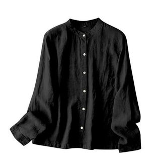 Generic Chemisier pour Femmes Coton Lin Grande Taille D&eacute;contract&eacute;es Chemises Et&eacute; Manches Longues Col V Loose Hauts L&eacute;g&egrave;re Comfy Tuniques Mode Coton Et Lin Chi