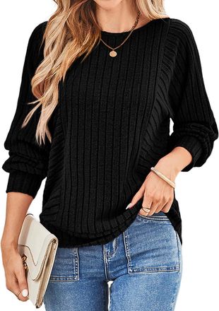 Dokotoo Damen Pullover Rundhals Fledermaus&auml;rmel Langarmshirt Herbst Winter Leichter Strickpullover Pulli Casual Loose Fit Oberteile Geripptes Sweatshirt, schw