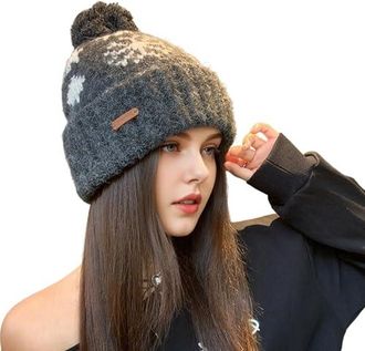 Generic Bonnet Femme Hiver Bonnet Femme Chapeau Femme Hiver Confortable Classique - Tricot&eacute; Bobble &Agrave; Bord Roul&eacute; Fair Isle, Chaud pour Activit&eacute;s Ext&eacute;rieures en