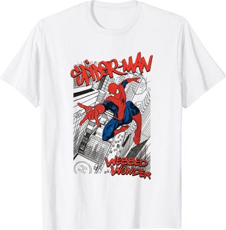 MARVEL Spiderman Sketch City T-Shirt, Weiß, Cartoon, Crew-Ausschnitt, Kurzarm, S, Unisex Erwachsene, Spider-Man Fans