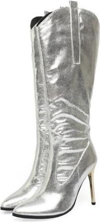 Generic Bottes d&eacute;quitation m&eacute;talliques &agrave; bout pointu pour femme - Talon aiguille - Coupe en V - Large mollet - &Agrave; enfiler - Pour f&ecirc;te, mariage, Argent&eacute;., 37.5 